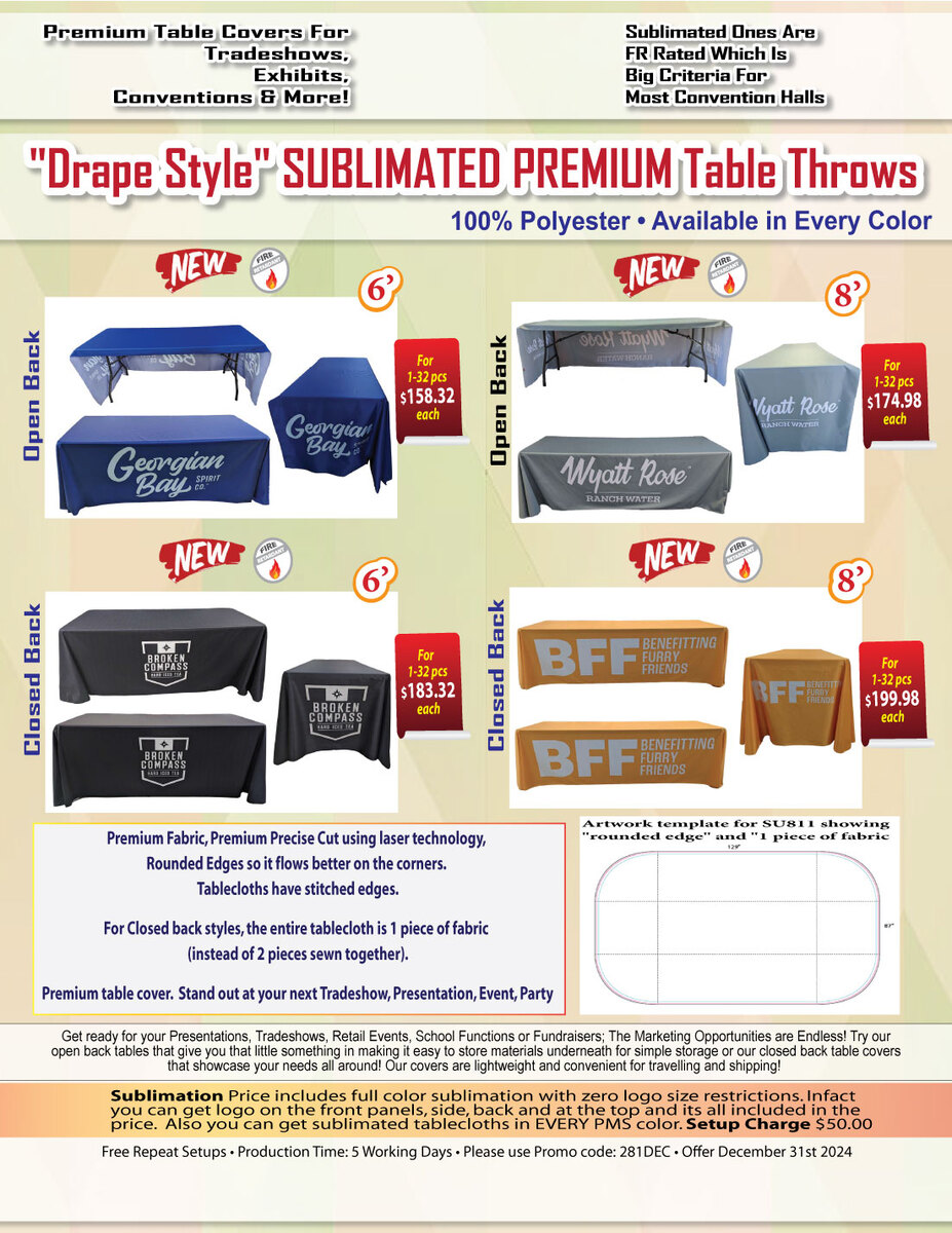 Sublimated PREMIUM Table Cloth for 6' table, Drape style, 4 sided ...