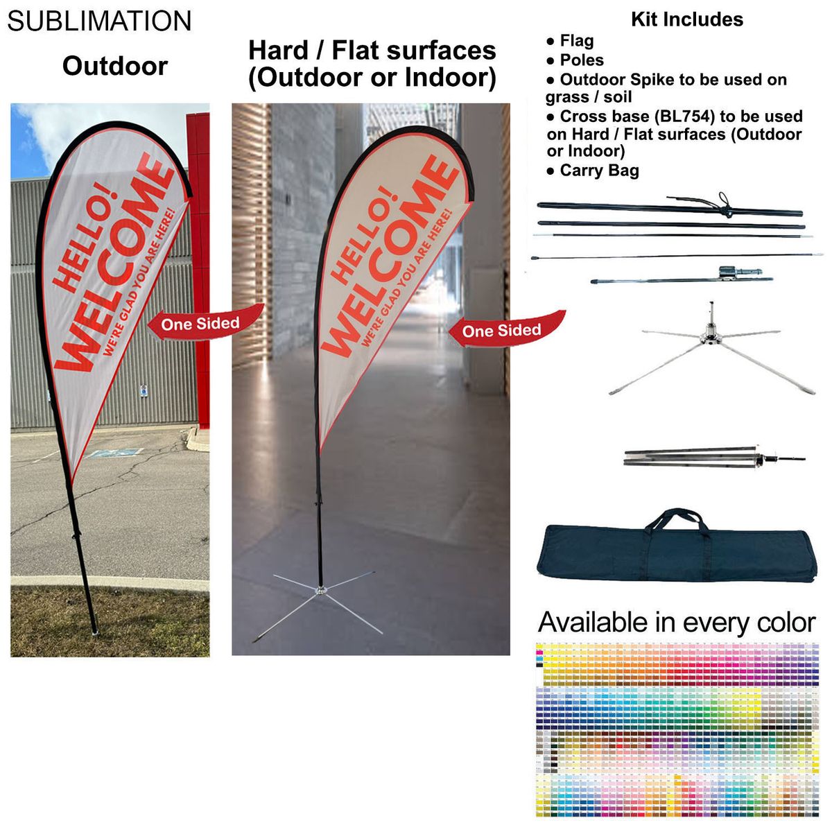 9' Small Tear Drop Flag Kit, Full Color Graphics One Side, Outdoor Use Spike base, Indoor Cross ...